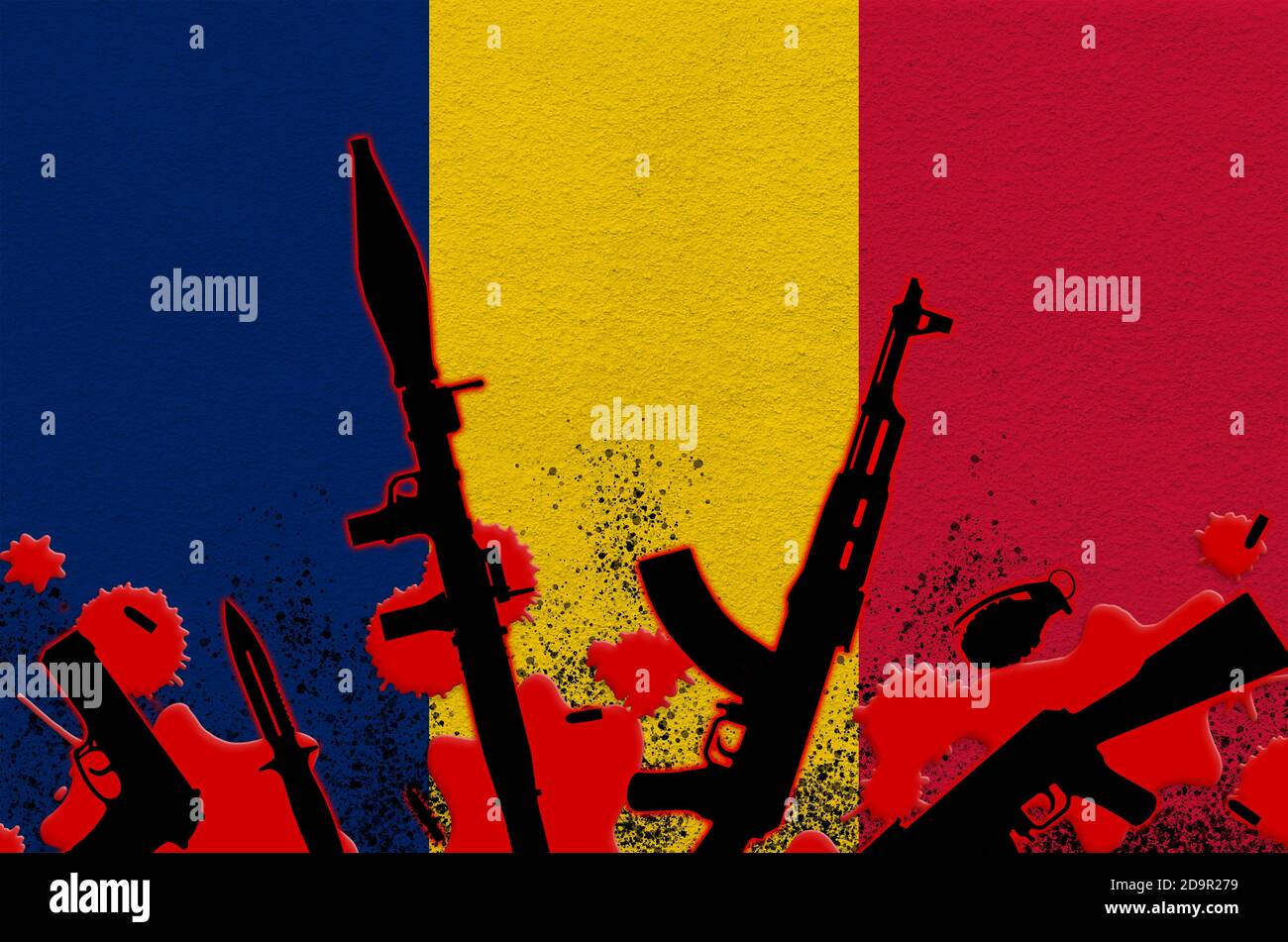 Chad flag and various weapons in red blood. Concept for terror attack ...
