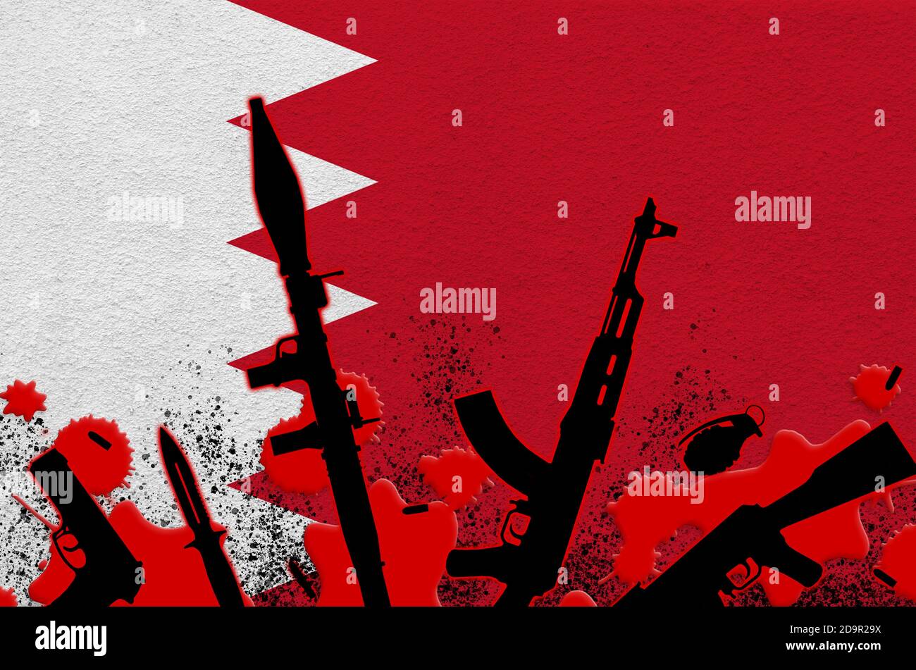 Bahrain flag and various weapons in red blood. Concept for terror ...