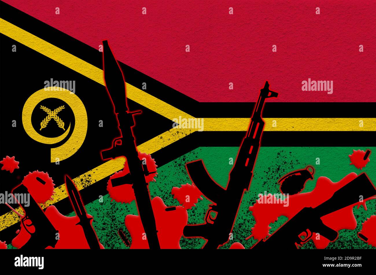 Vanuatu flag and various weapons in red blood. Concept for terror ...