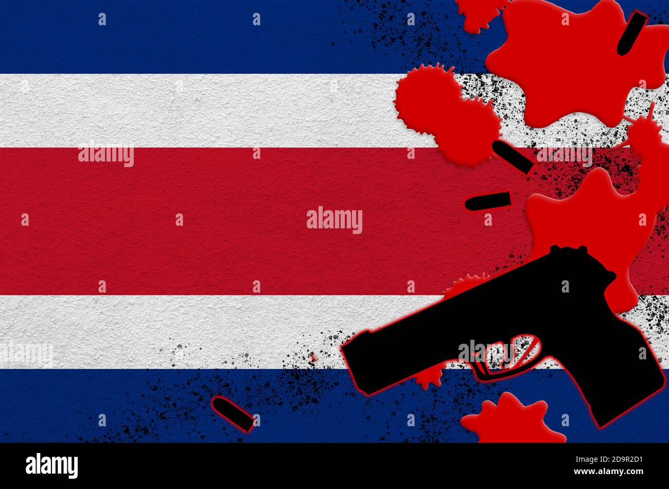 Costa Rica flag and black firearm in red blood. Concept for terror ...