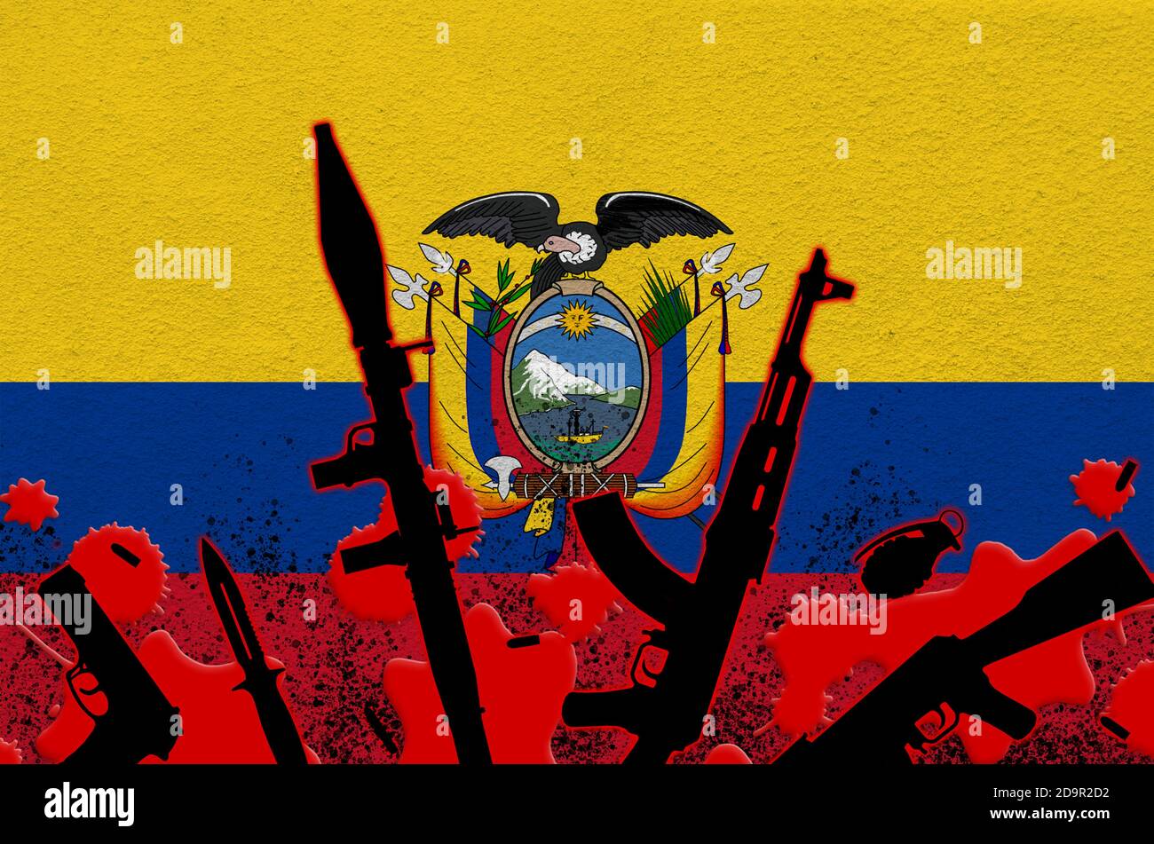 Ecuador flag and various weapons in red blood. Concept for terror ...
