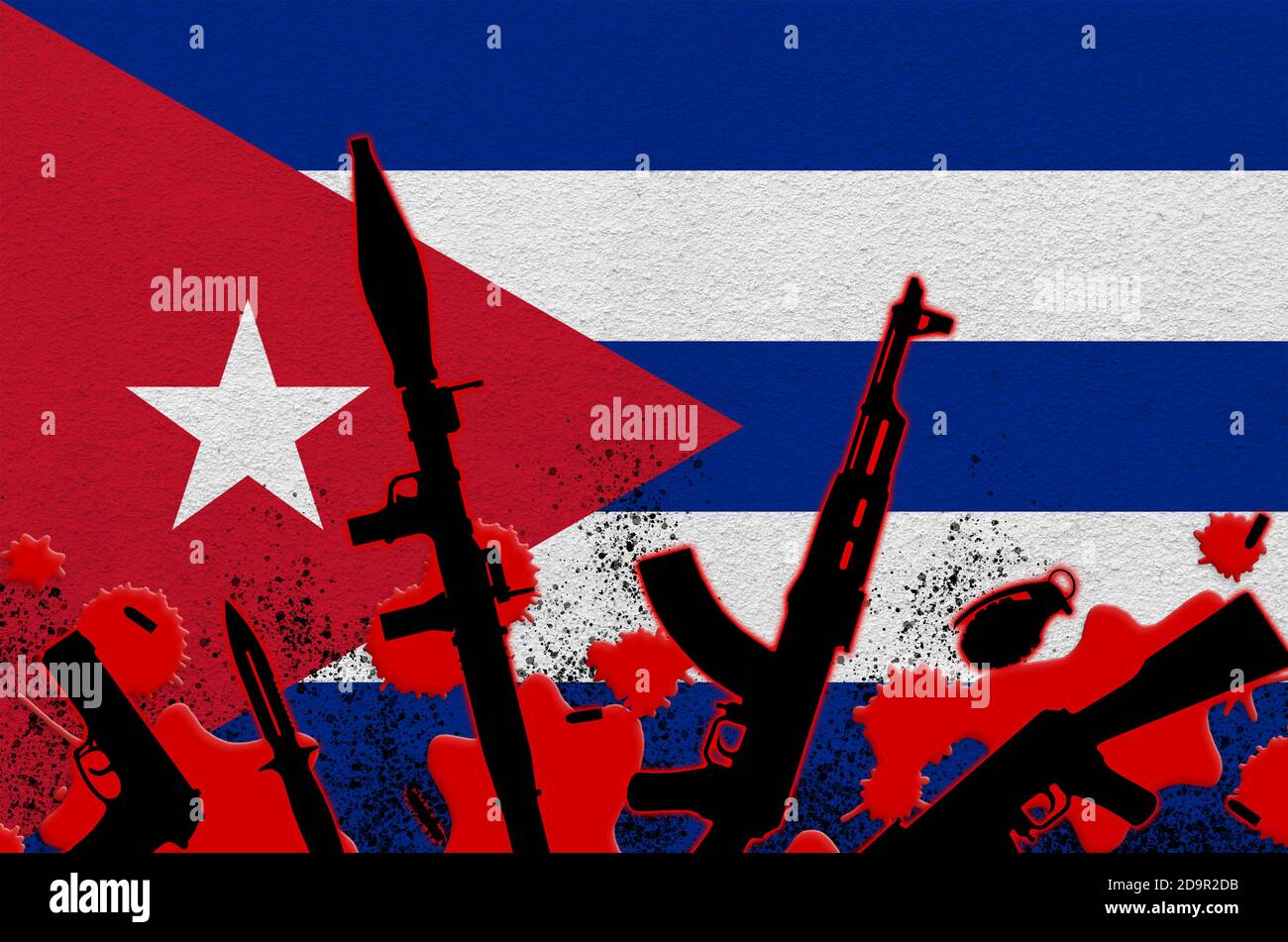 Cuba flag and various weapons in red blood. Concept for terror attack ...