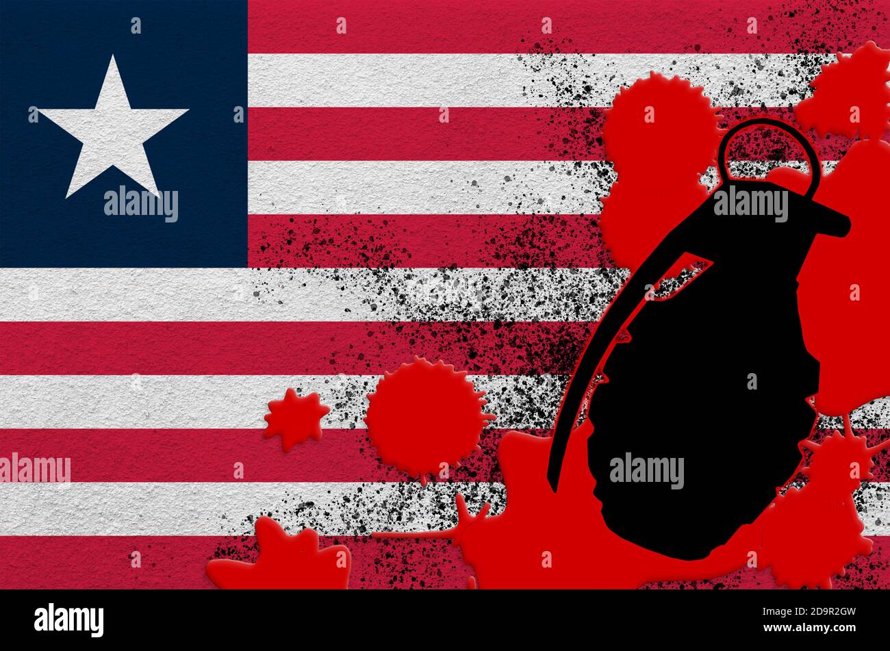 Liberia flag and MK2 frag grenade in red blood. Concept for terror ...