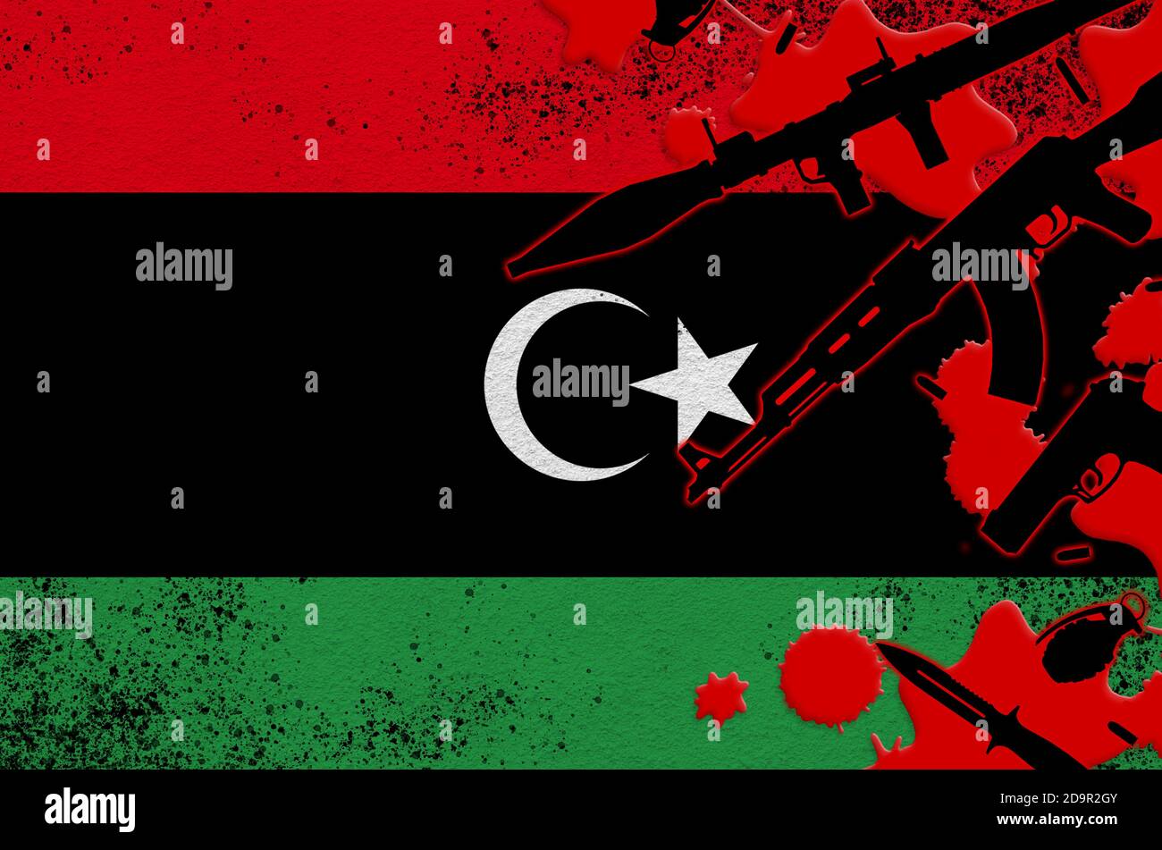 Libya flag and various weapons in red blood. Concept for terror attack ...