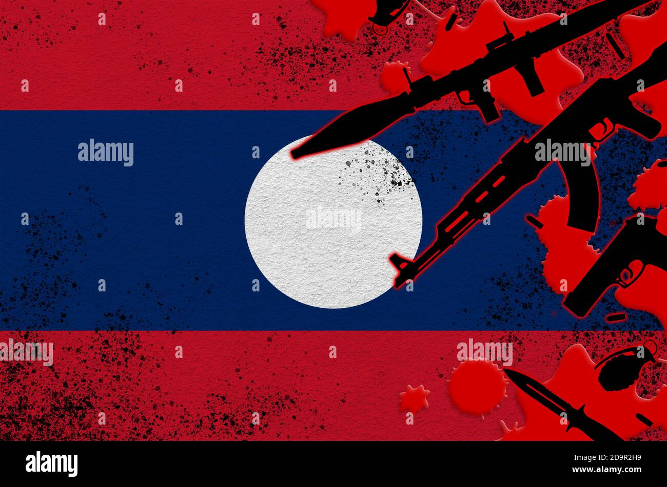 Laos flag and various weapons in red blood. Concept for terror attack ...