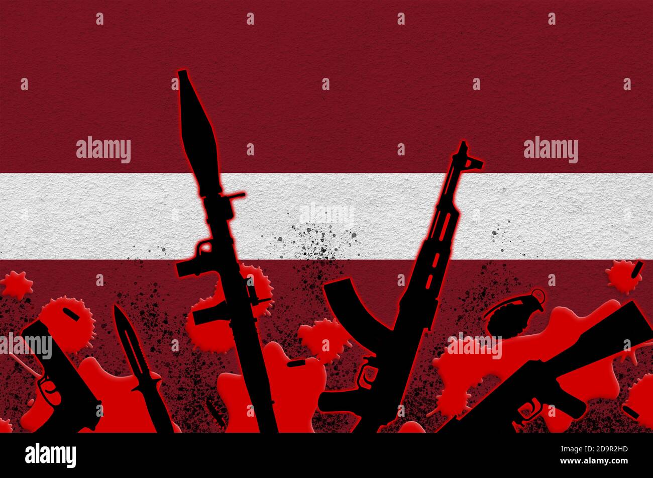 Latvia flag and various weapons in red blood. Concept for terror attack ...