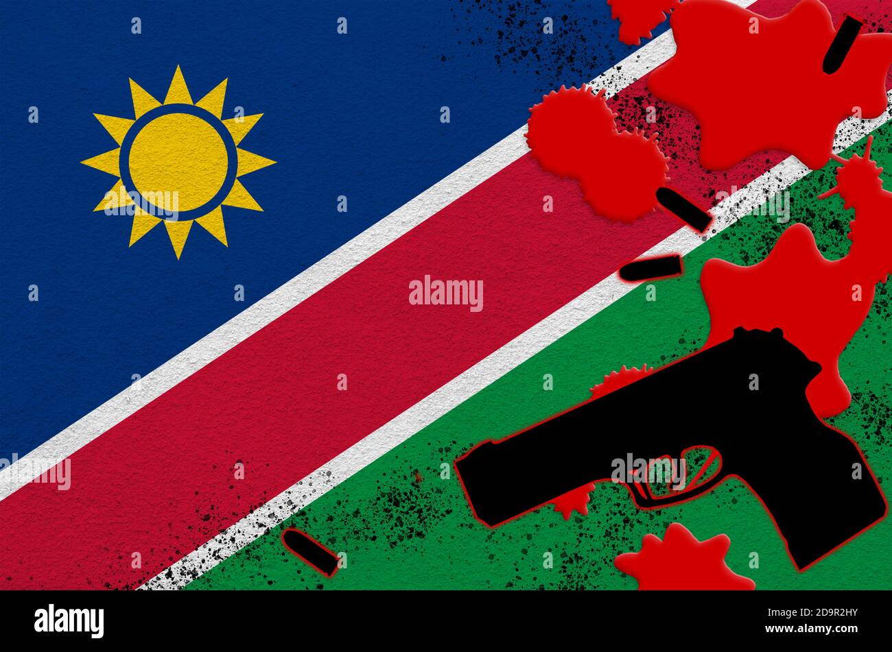 Namibia flag and black firearm in red blood. Concept for terror attack ...