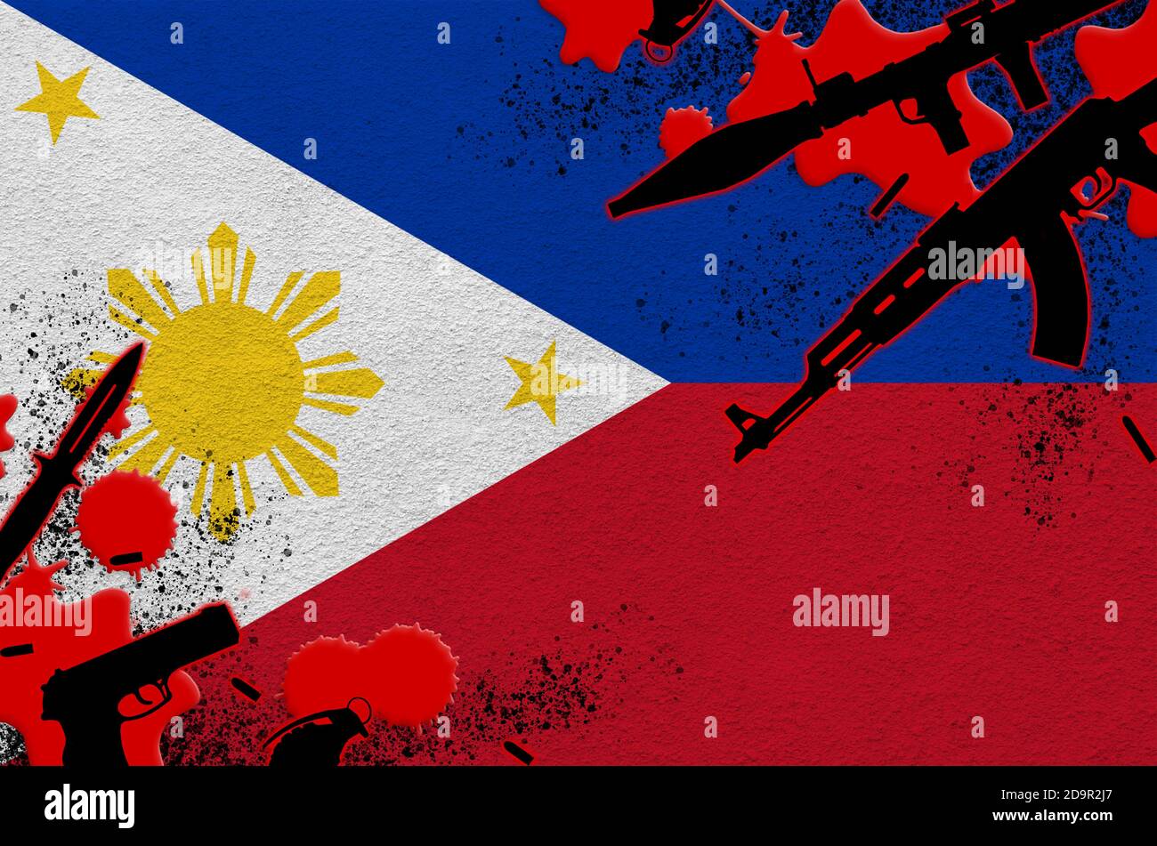Philippines flag and various weapons in red blood. Concept for terror ...