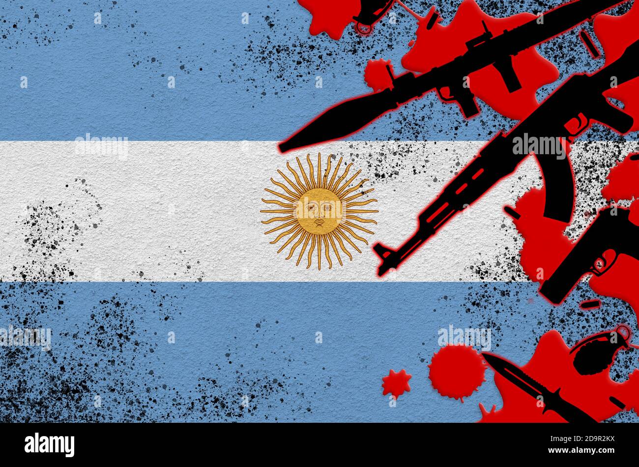 Argentina flag and various weapons in red blood. Concept for terror ...