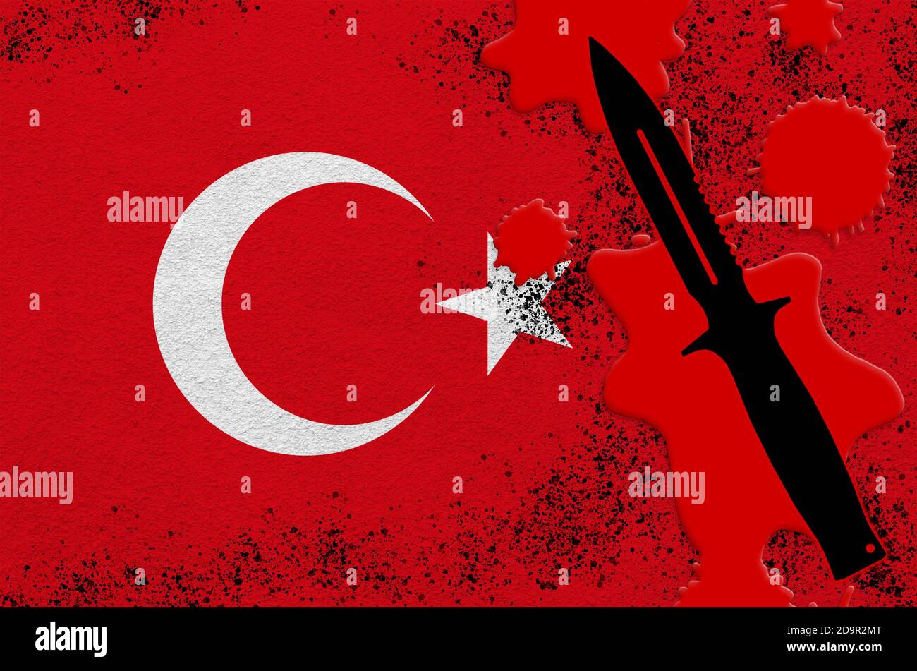 Turkey flag and black tactical knife in red blood. Concept for terror ...