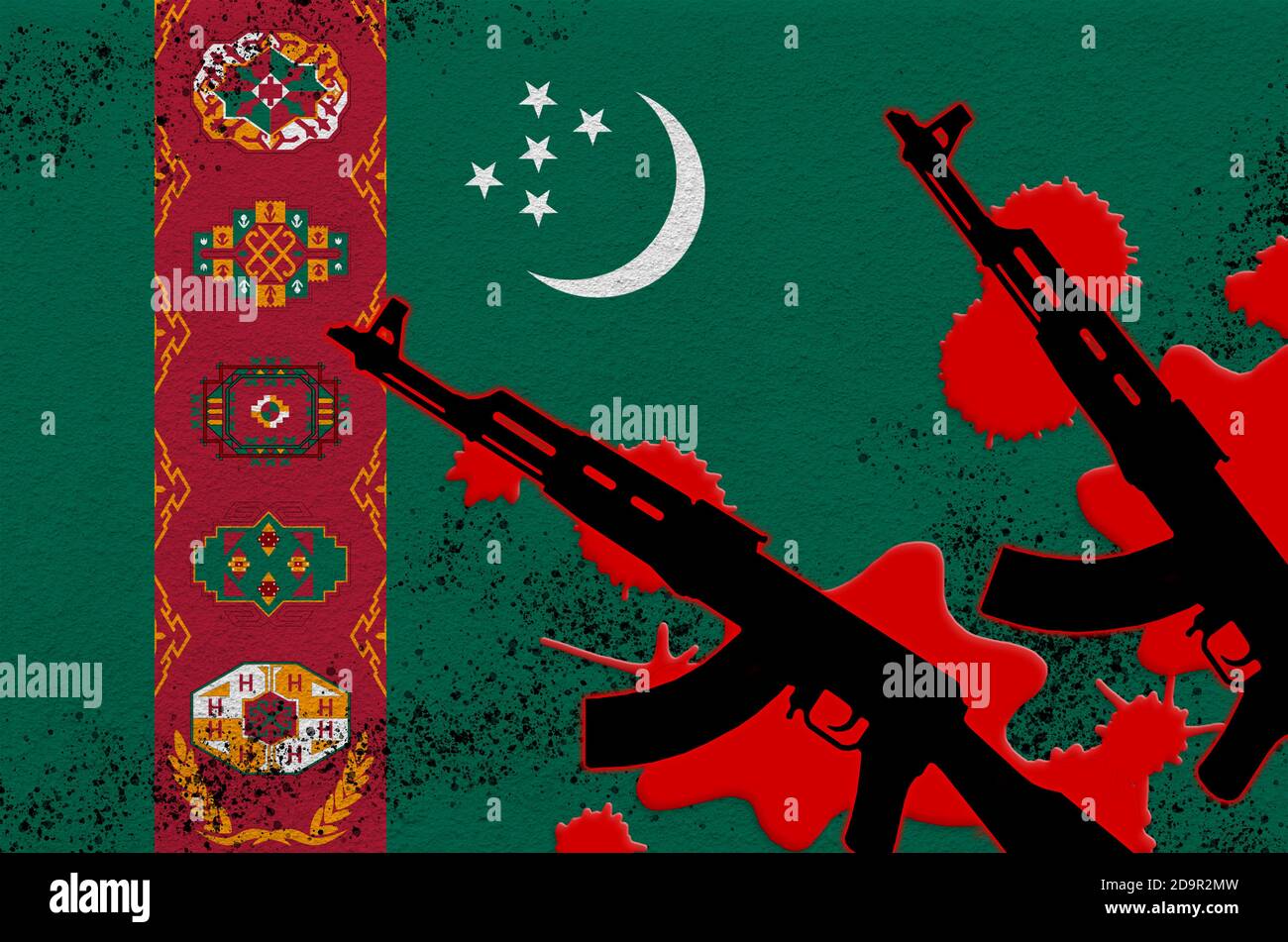 Turkmenistan flag and two black AK-47 rifles in red blood. Concept for ...