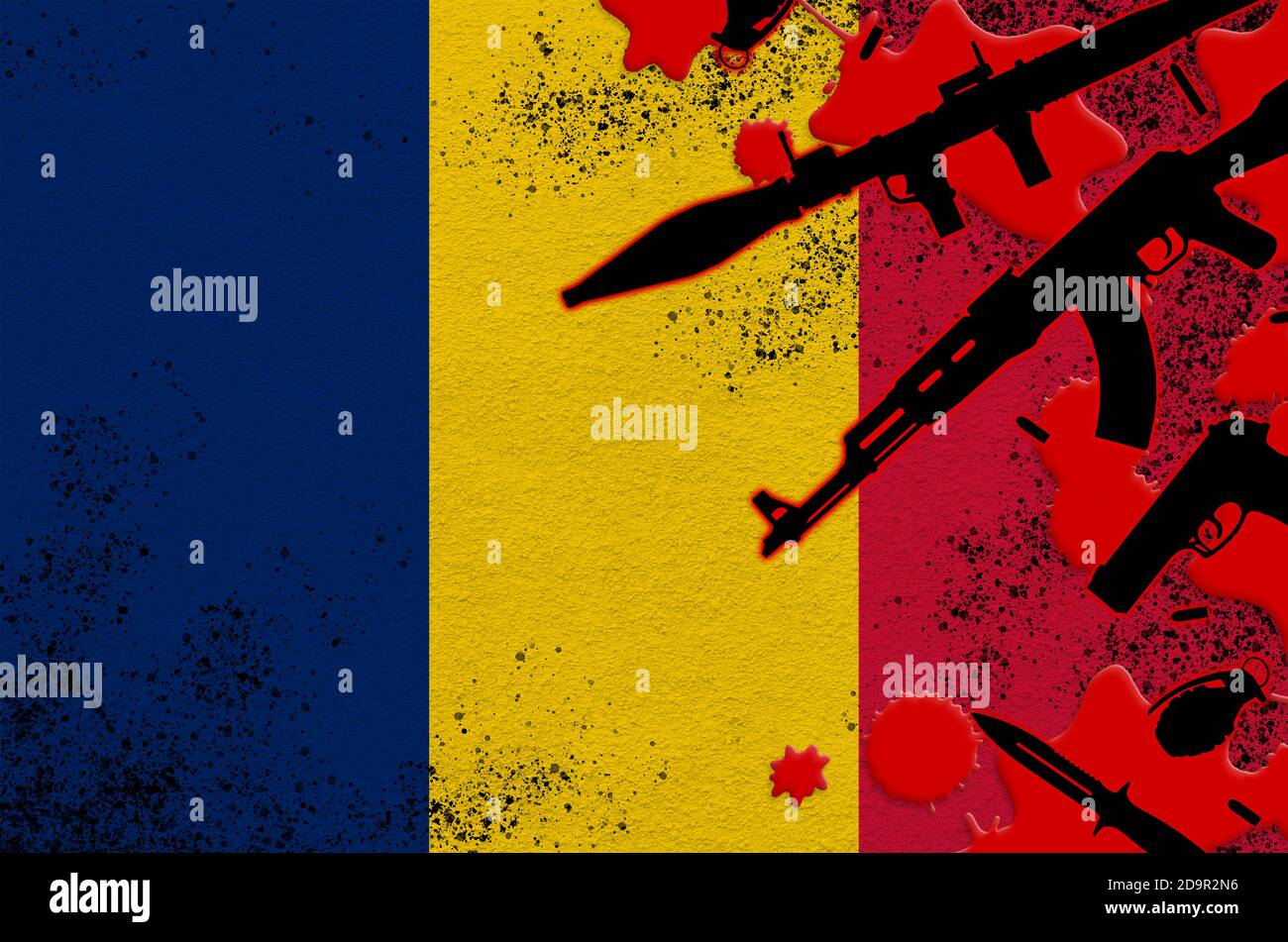 Chad flag and various weapons in red blood. Concept for terror attack ...