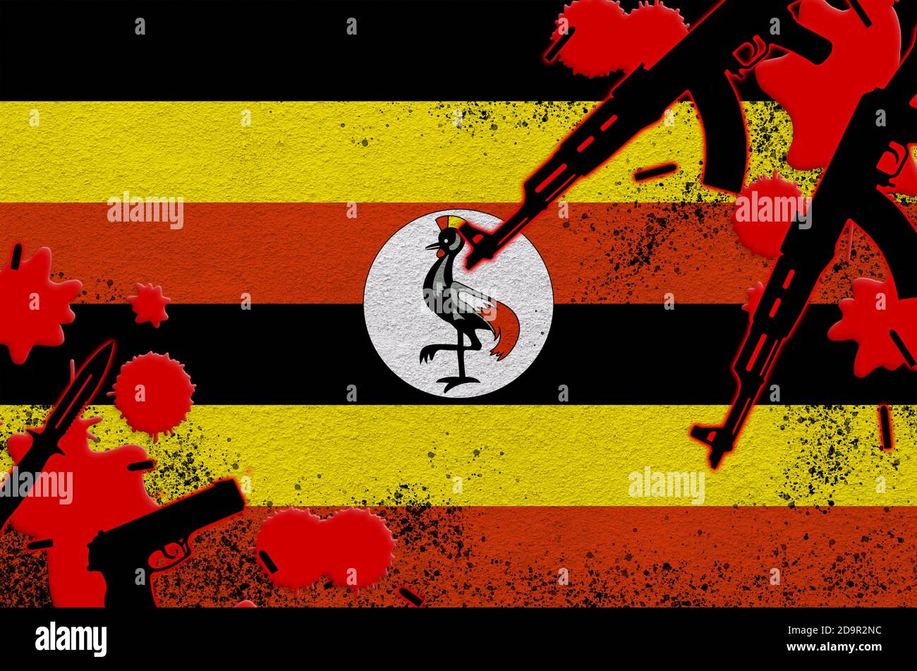 Uganda flag and guns in red blood. Concept for terror attack and ...