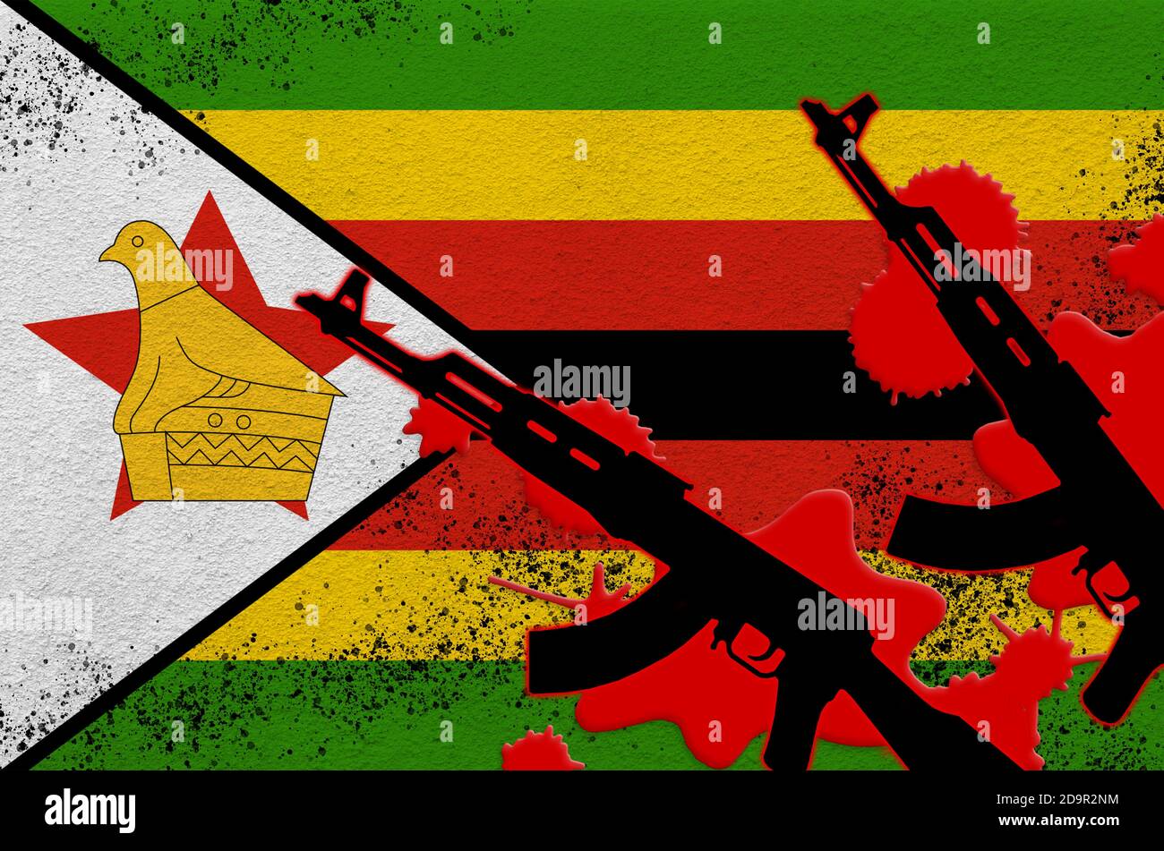 Zimbabwe flag and two black AK-47 rifles in red blood. Concept for ...