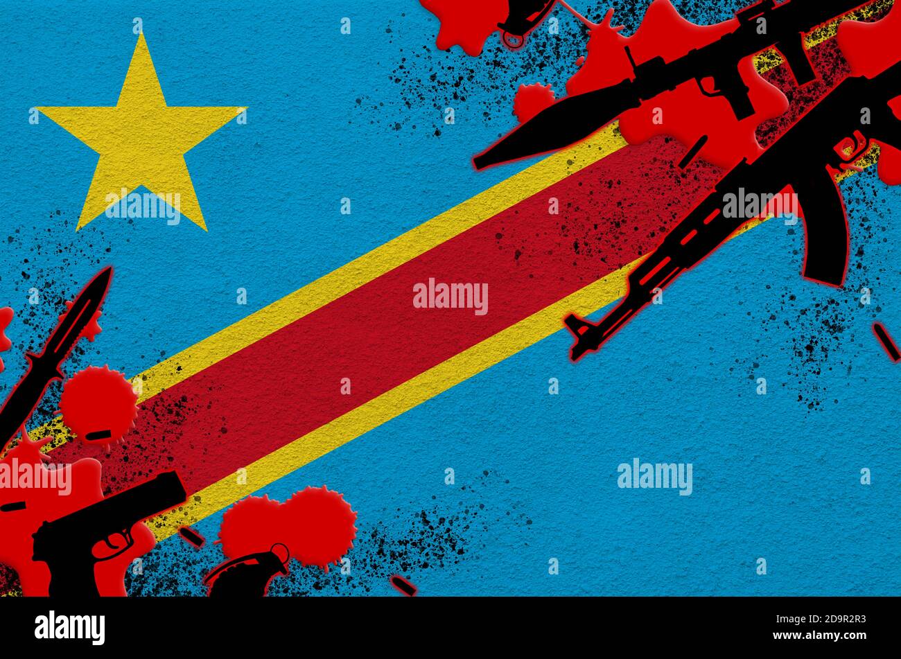 Democratic Republic of the Congo flag and various weapons in red blood ...