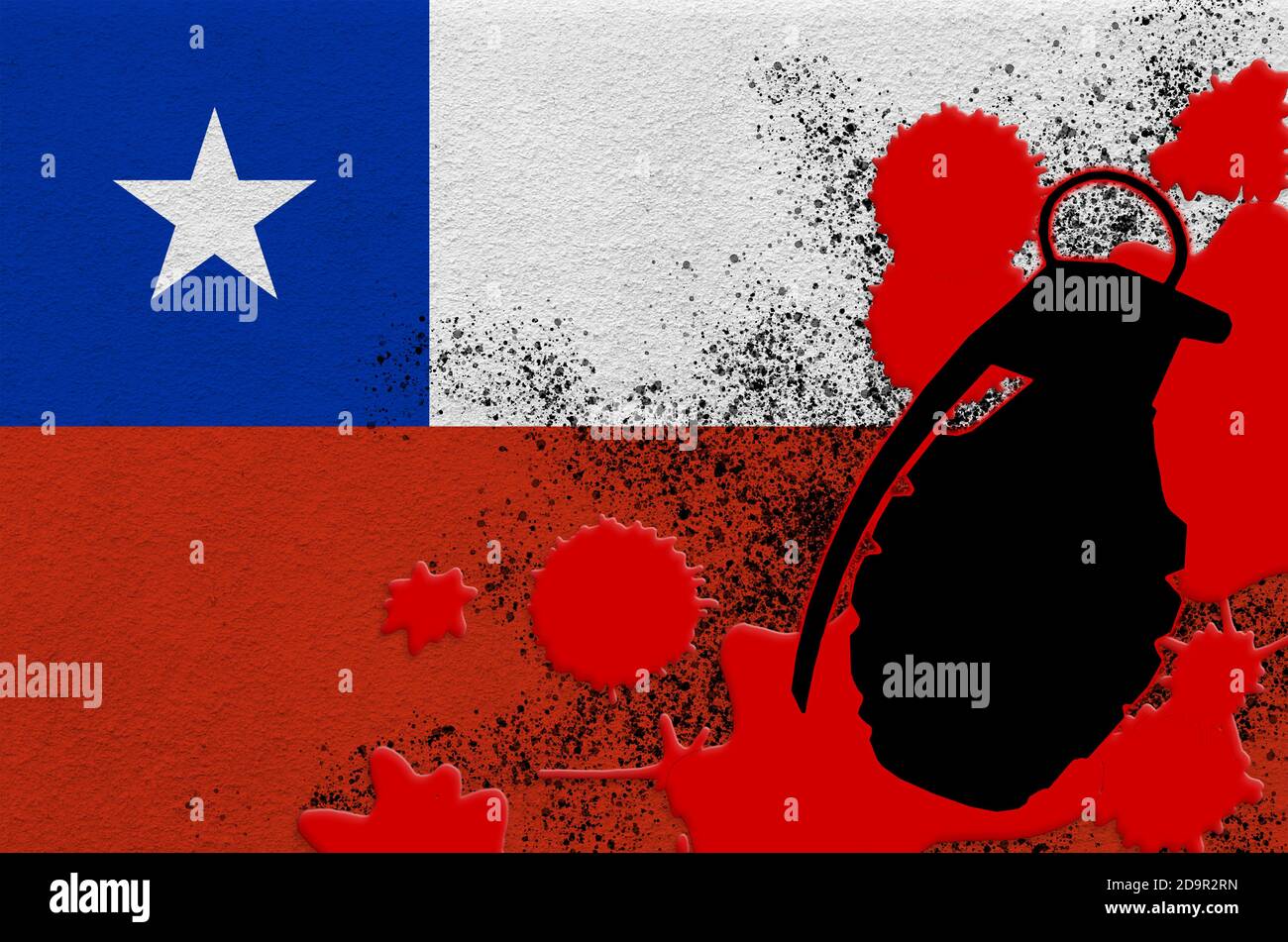 Chile flag and MK2 frag grenade in red blood. Concept for terror attack ...