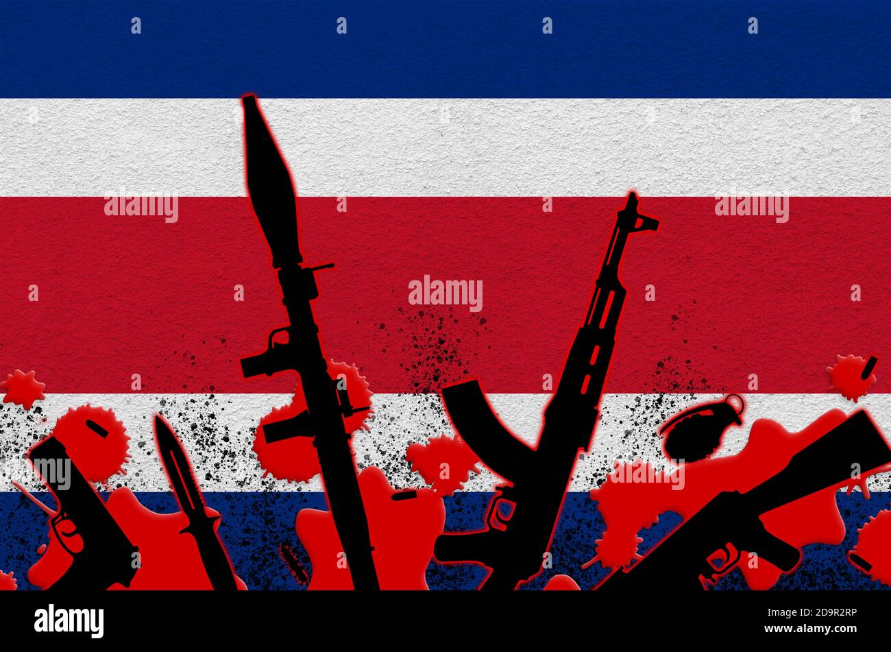 Costa Rica flag and various weapons in red blood. Concept for terror ...