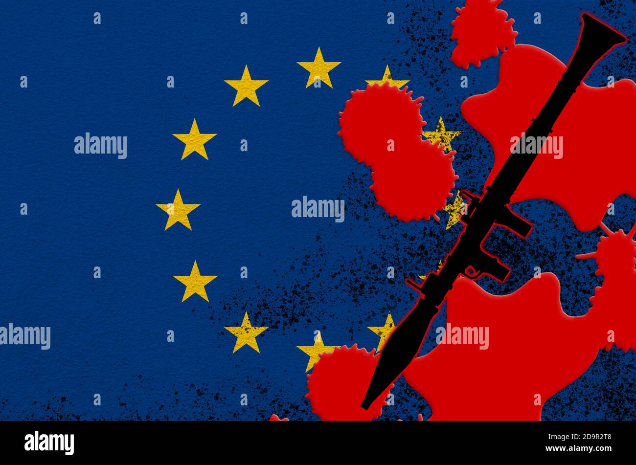 European union flag and black RPG-7 rocket-propelled grenade launcher ...