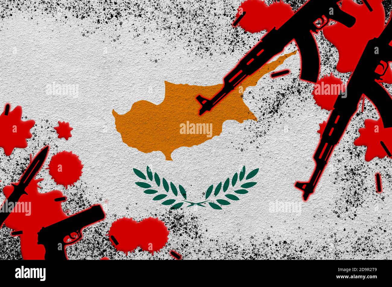 Cyprus flag and guns in red blood. Concept for terror attack and ...