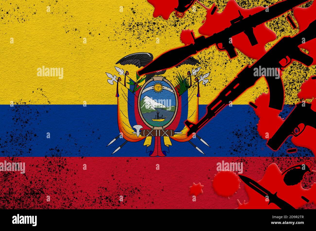 Ecuador flag and various weapons in red blood. Concept for terror ...