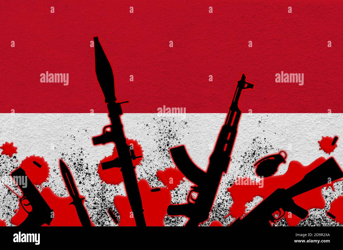 Indonesia flag and various weapons in red blood. Concept for terror ...