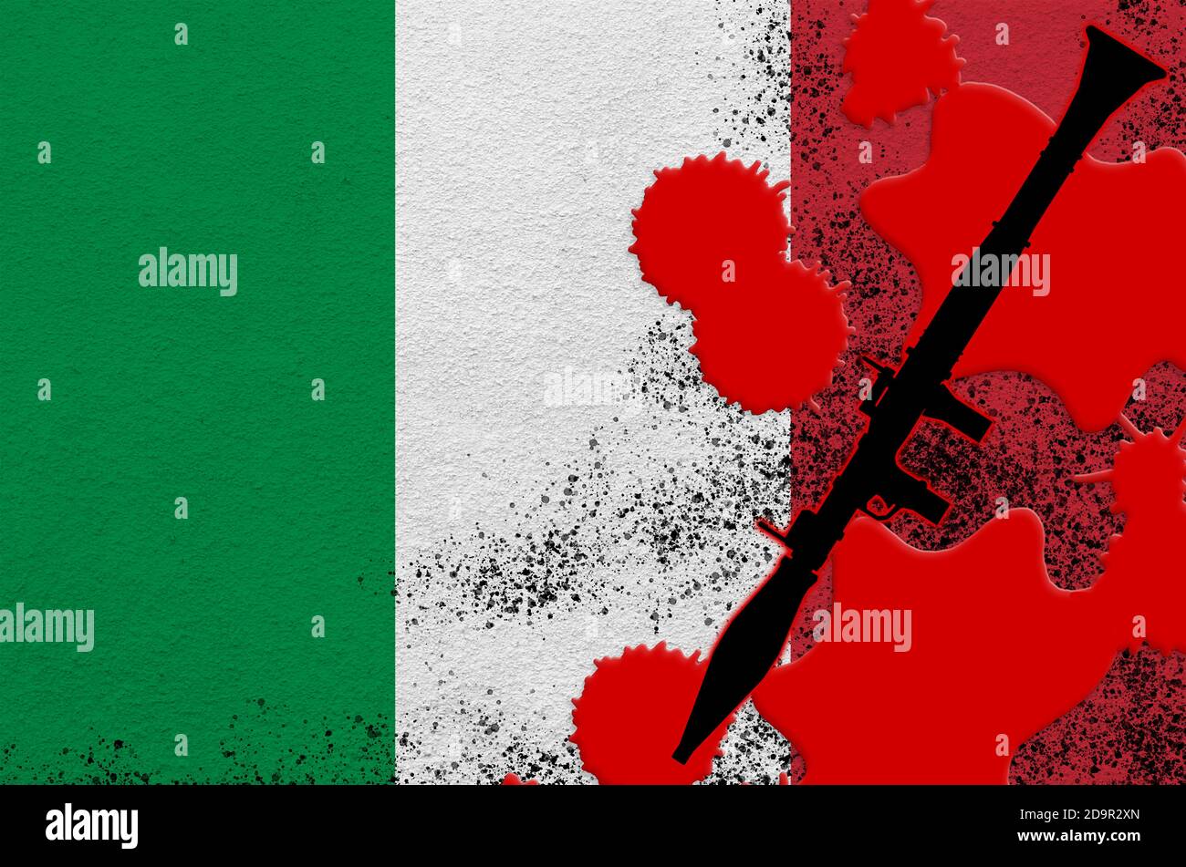 Italy flag and black RPG-7 rocket-propelled grenade launcher in red ...