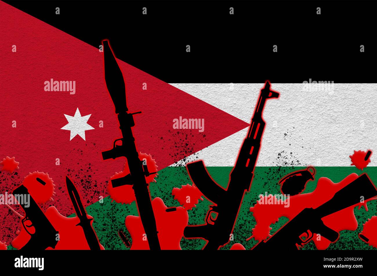 Jordan flag and various weapons in red blood. Concept for terror attack ...