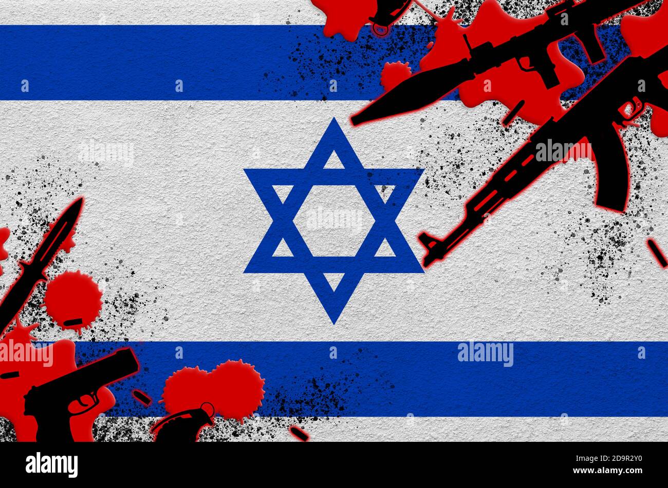 Israel flag and various weapons in red blood. Concept for terror attack ...