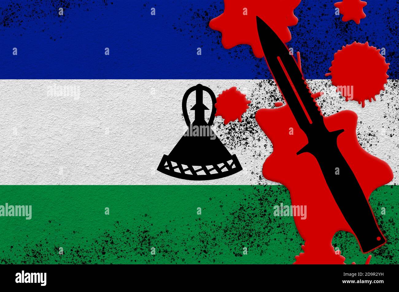 Lesotho flag and black tactical knife in red blood. Concept for terror ...