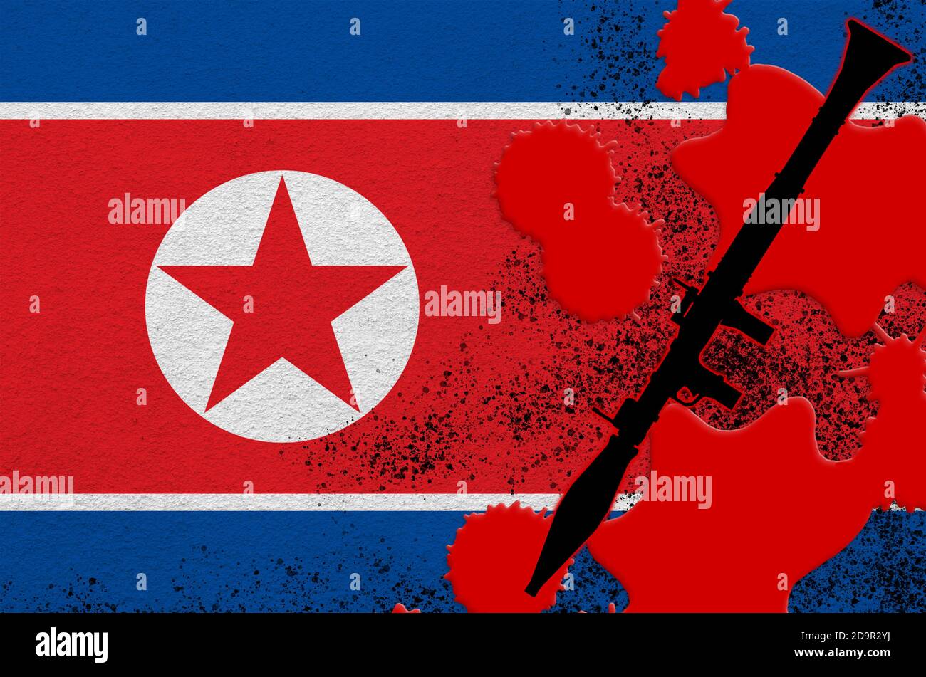 North Korea flag and black RPG-7 rocket-propelled grenade launcher in ...