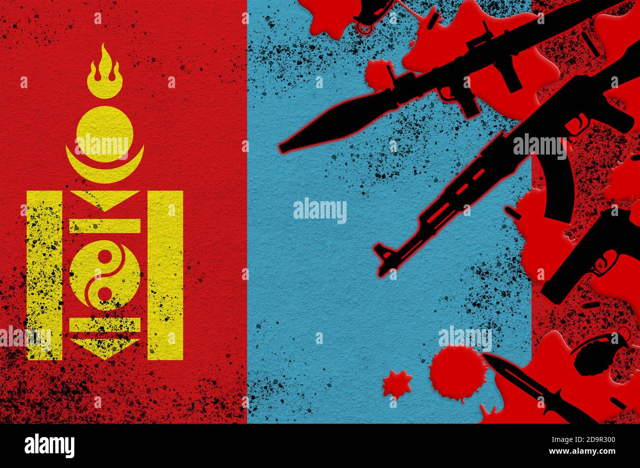 Mongolia flag and various weapons in red blood. Concept for terror ...