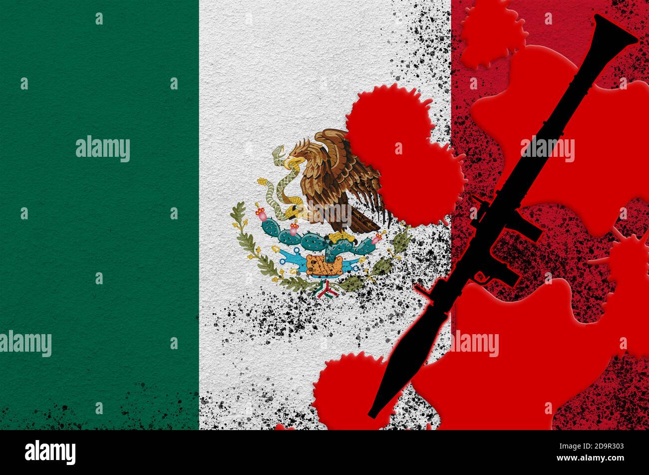 Mexico flag and black RPG-7 rocket-propelled grenade launcher in red ...