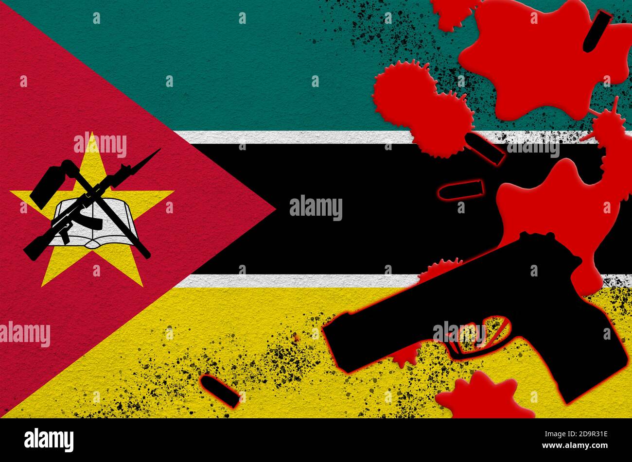 Mozambique flag and black firearm in red blood. Concept for terror ...