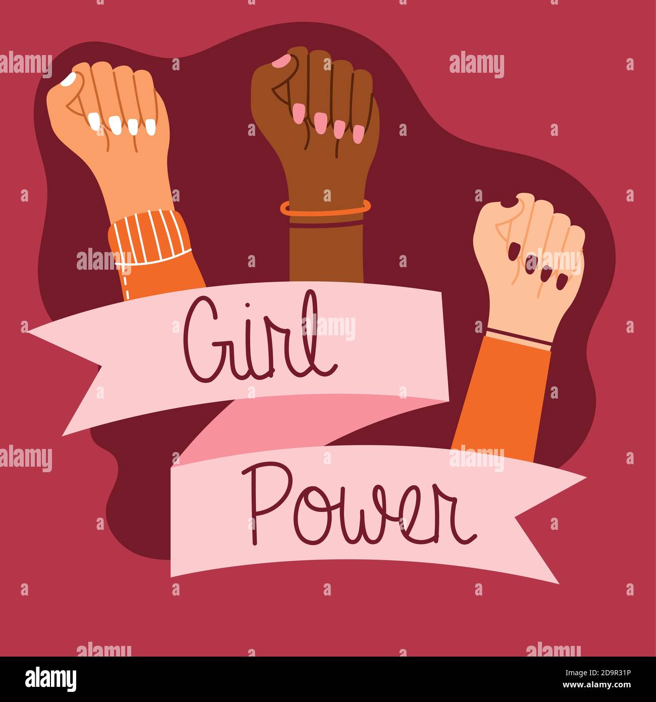 power girl poster with interracial hands and ribbon frame vector ...
