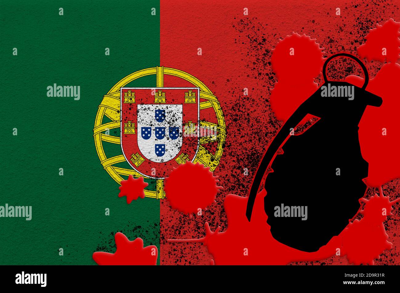 Portugal flag and MK2 frag grenade in red blood. Concept for terror ...