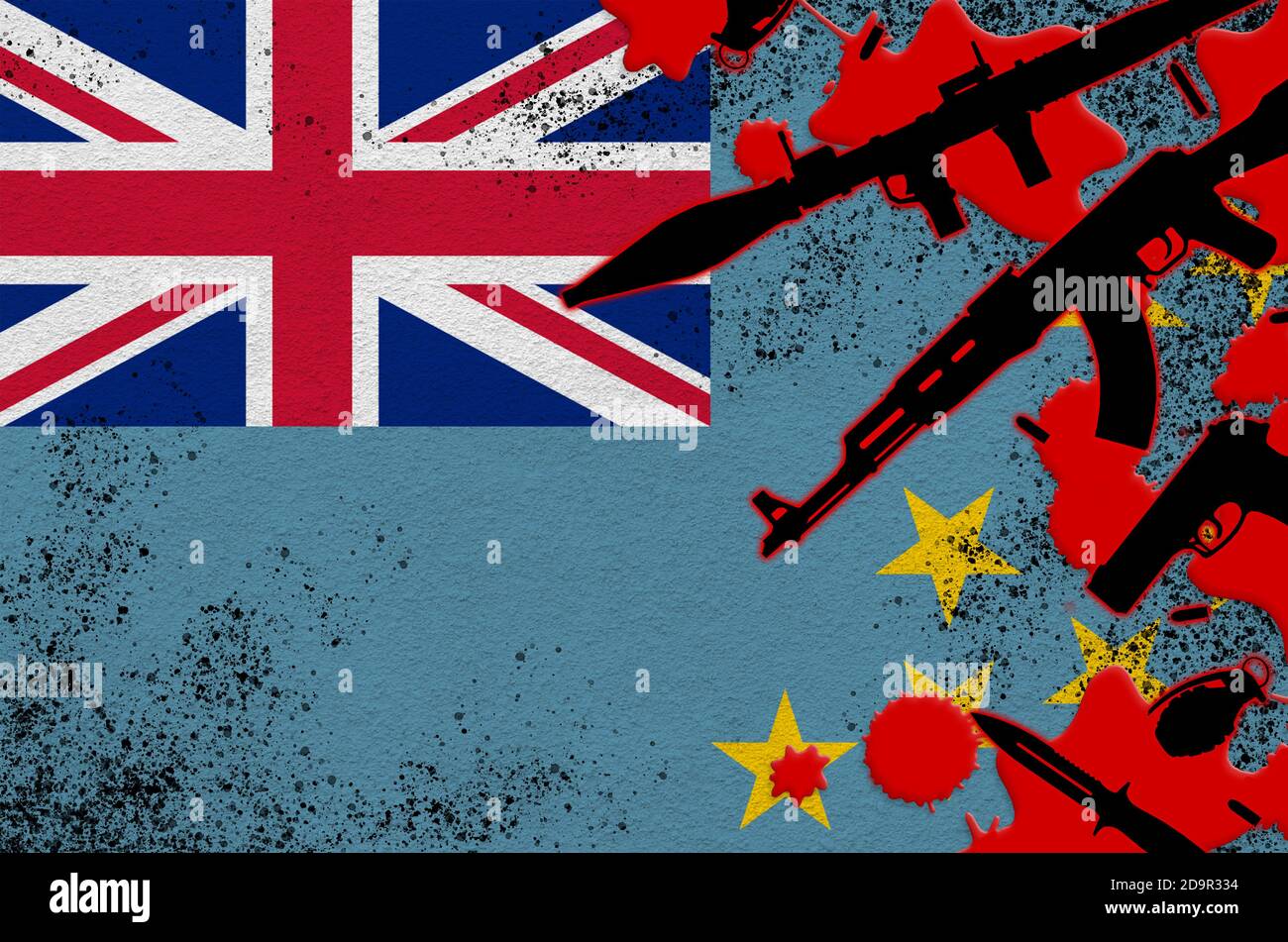 Tuvalu flag and various weapons in red blood. Concept for terror attack ...