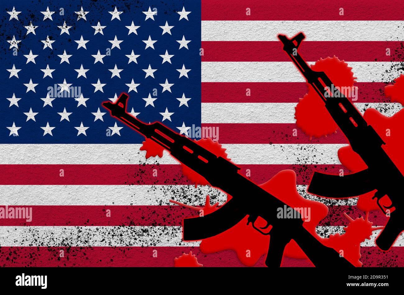 United States of America flag and two black AK-47 rifles in red blood ...