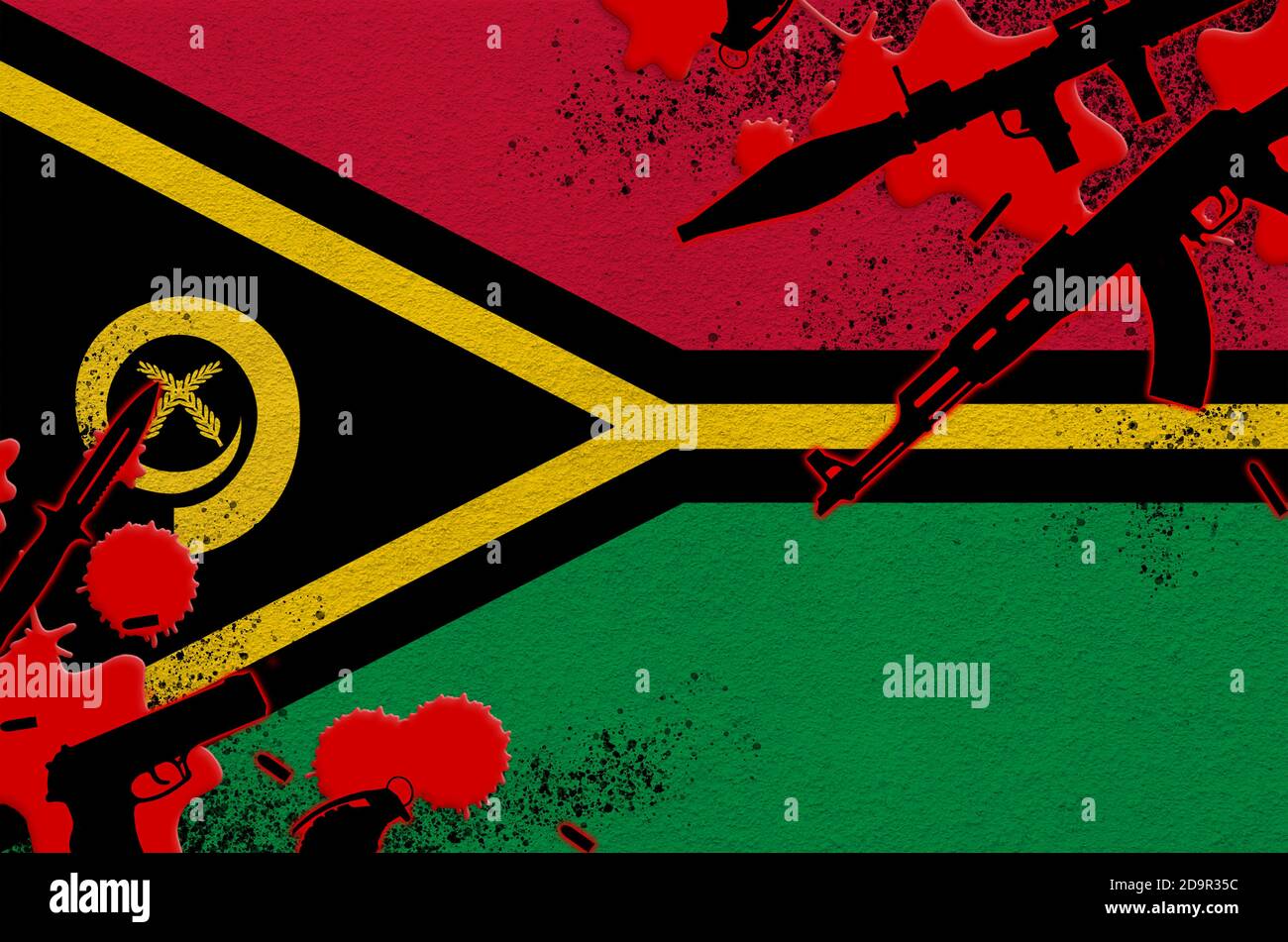 Vanuatu flag and various weapons in red blood. Concept for terror ...