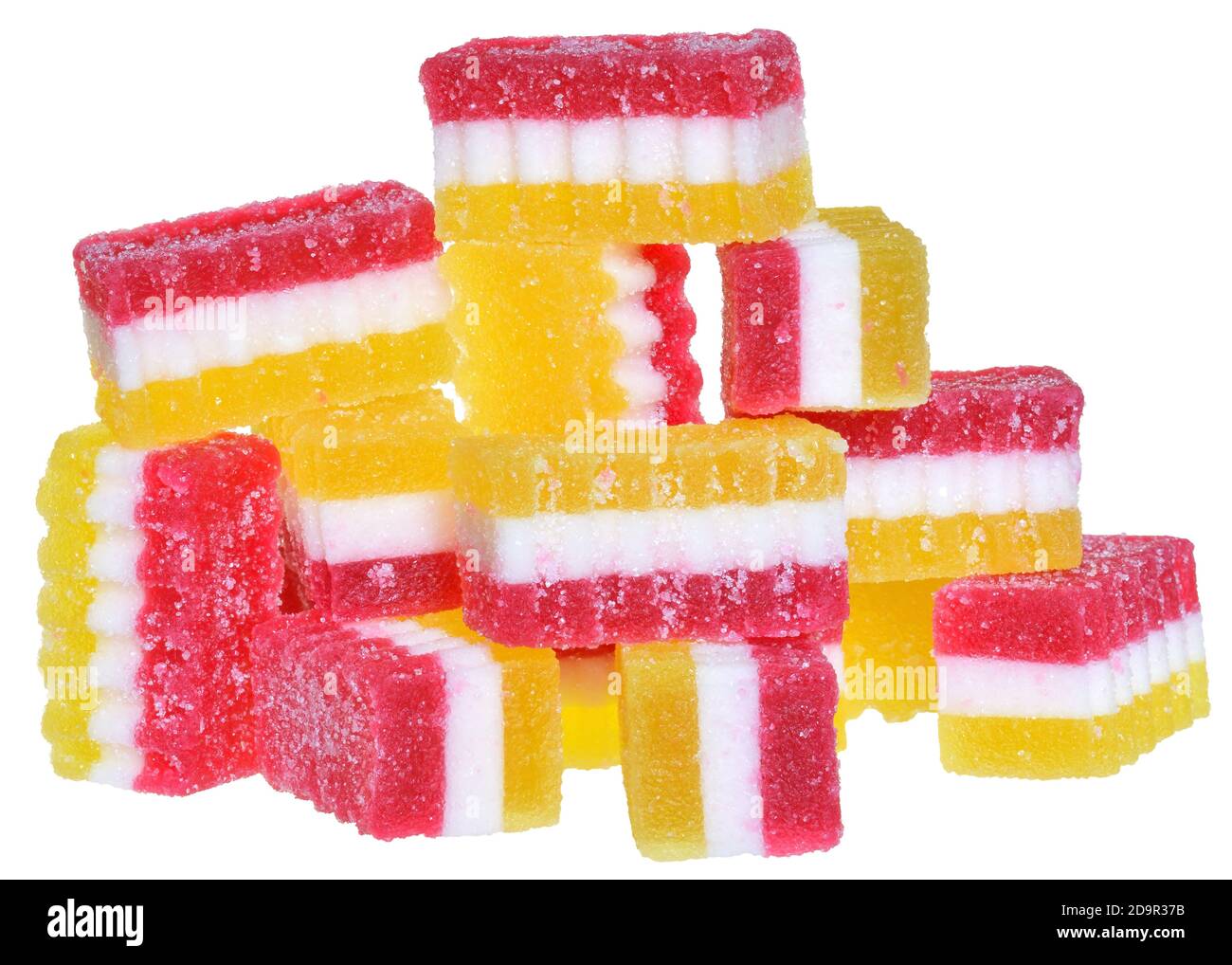 Handful of red and yellow candy close up on a white background Stock ...