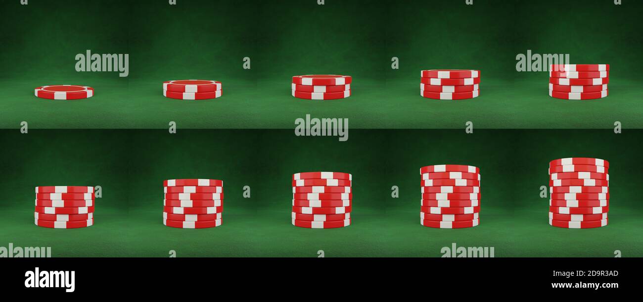 Set of stacked Poker chips isolated on green background. Red casino ...