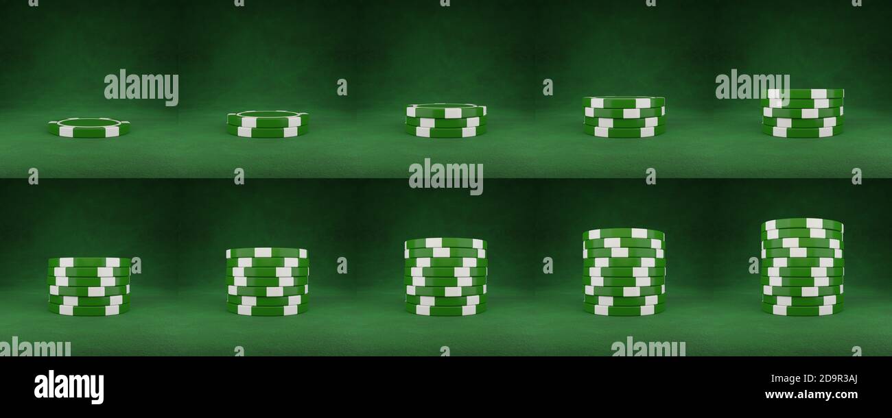 Set of stacked Poker chips isolated on green background. Green casino ...