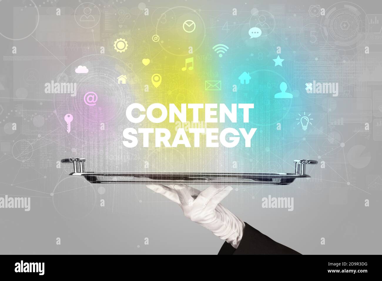 Waiter serving social networking with CONTENT STRATEGY inscription, new media concept Stock ...