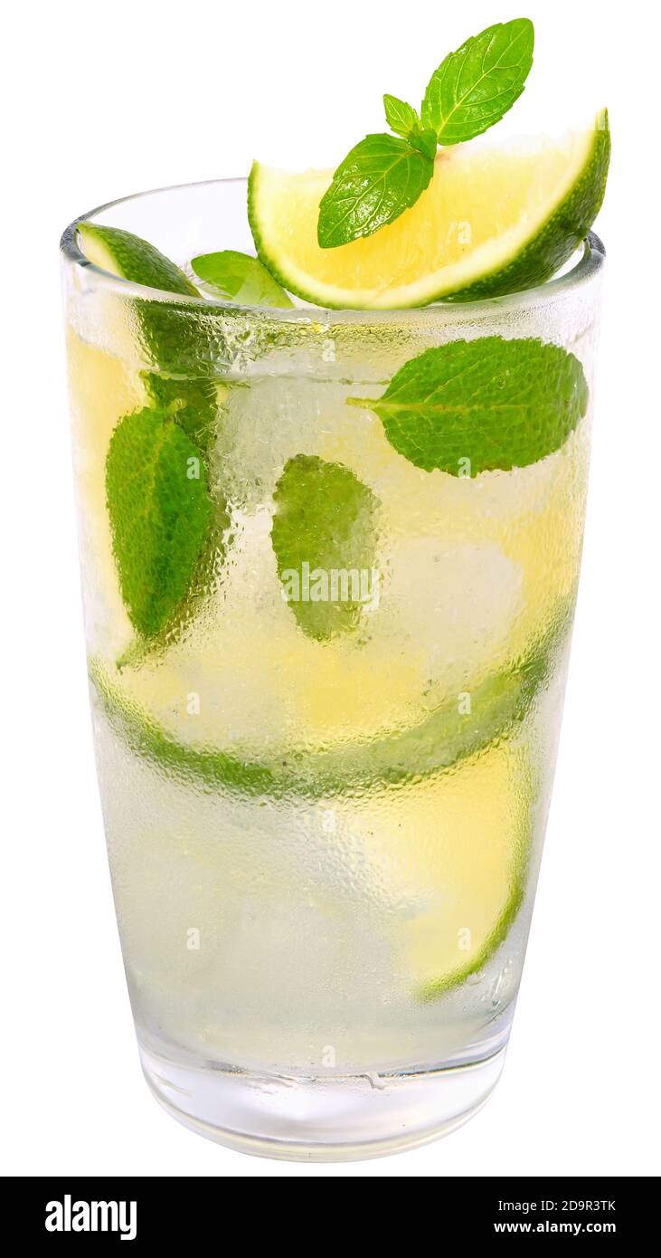 mojito cocktail with lime and leaf mint isolated on white background ...