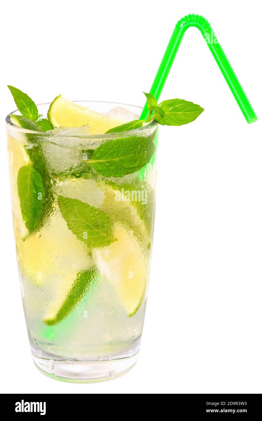 mojito cocktail with lime and leaf mint isolated on white background ...