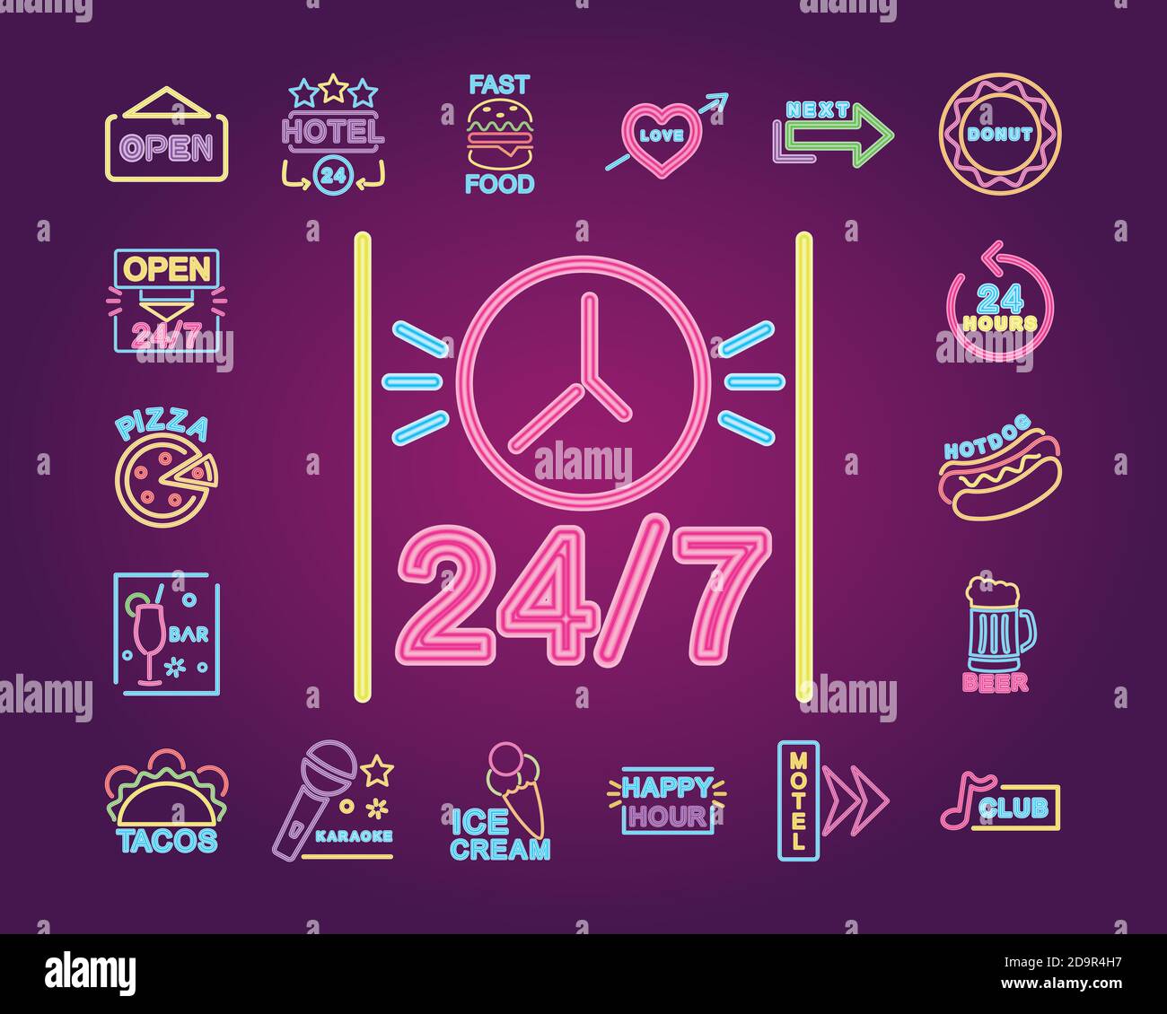 neon signs icons set over purple background, vector illustration Stock ...