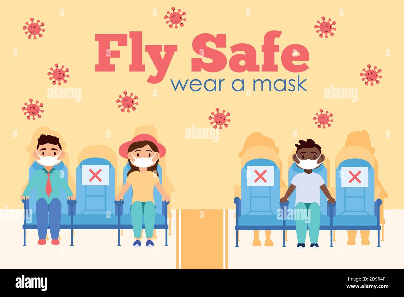 fly safe campaign lettering poster with passengers in airplane chairs ...