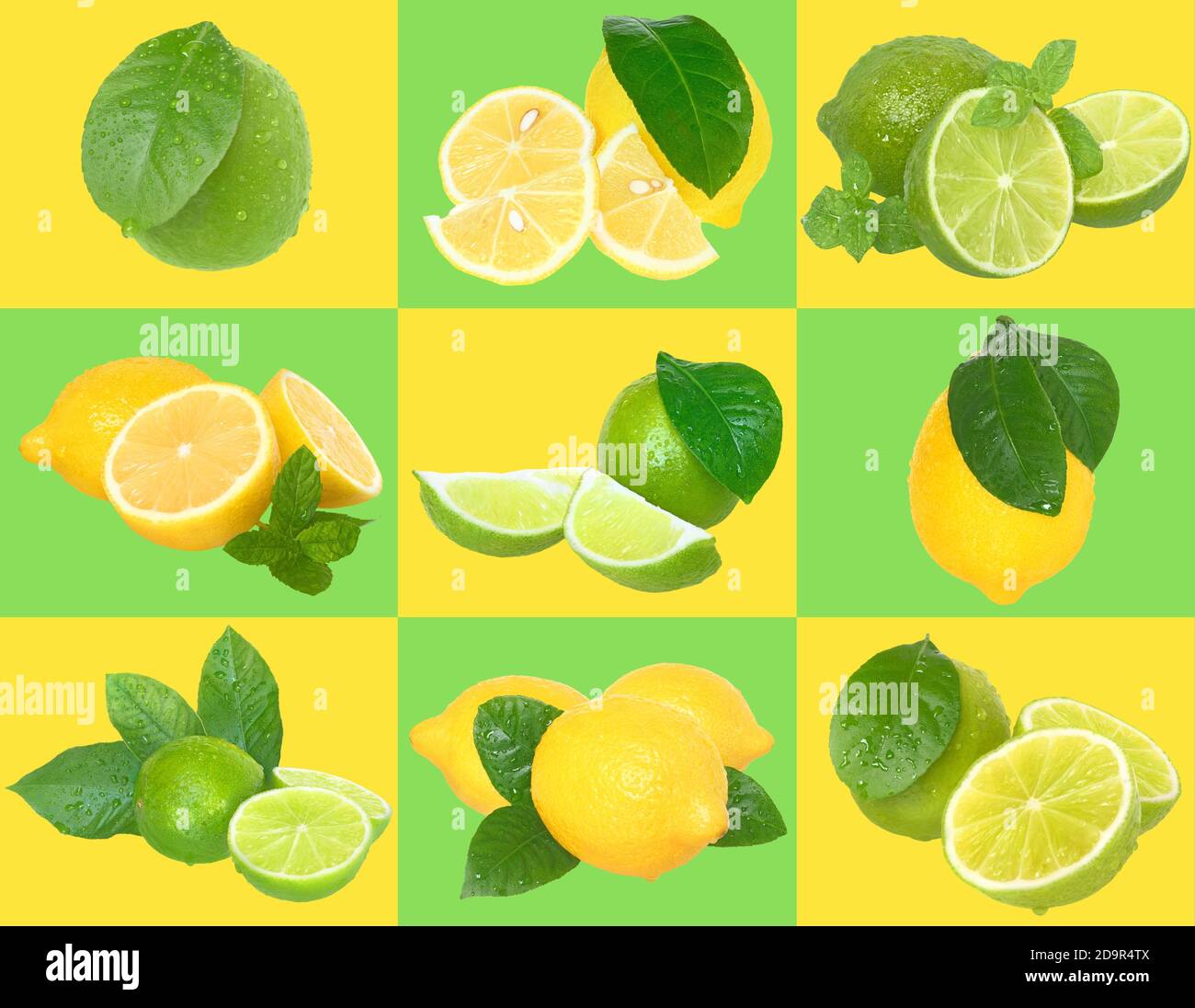 Set of nine image lime and lemon with leaves on a checkered background ...