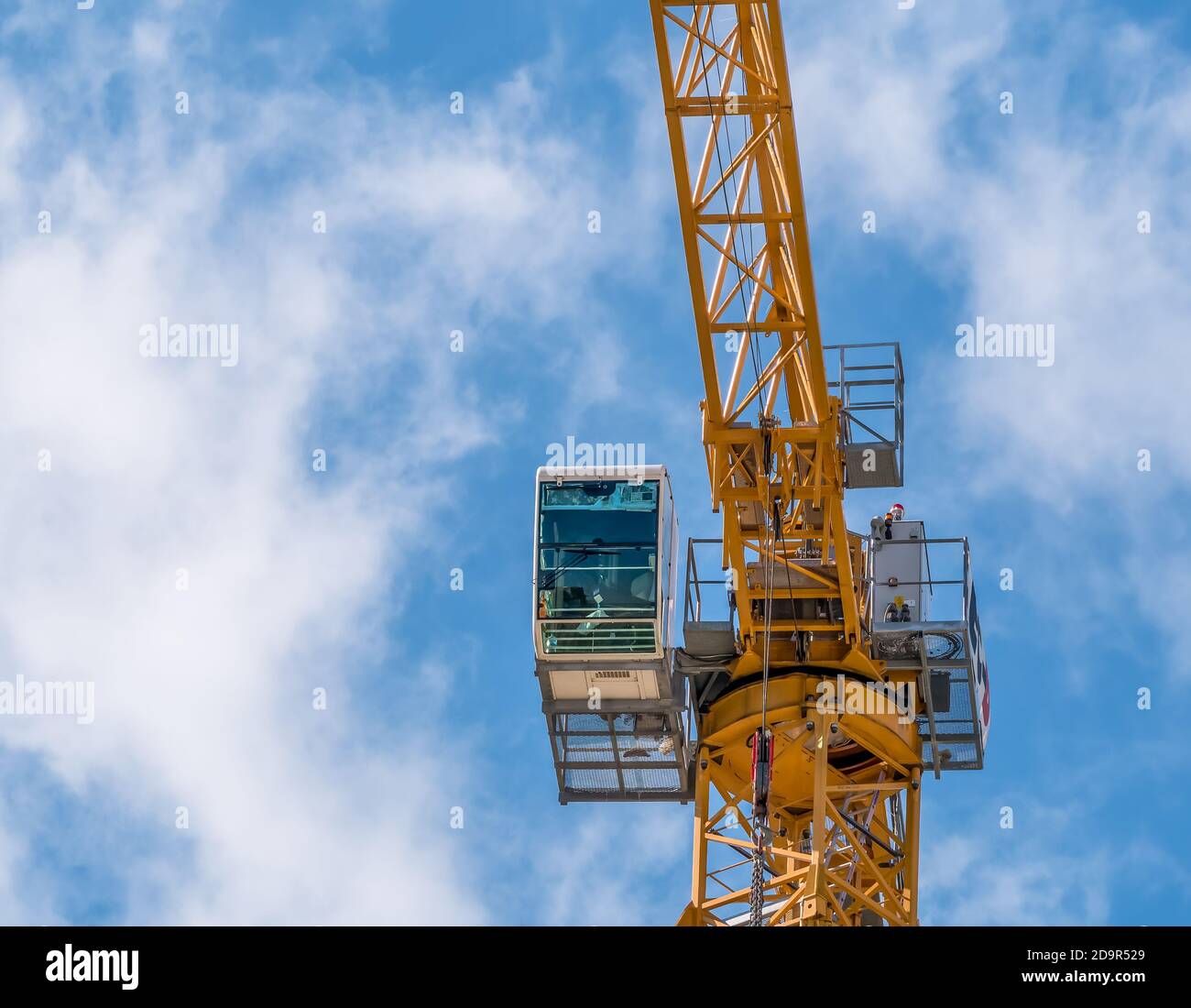 Close up details with a cabin control of a construction crane.Turret ...