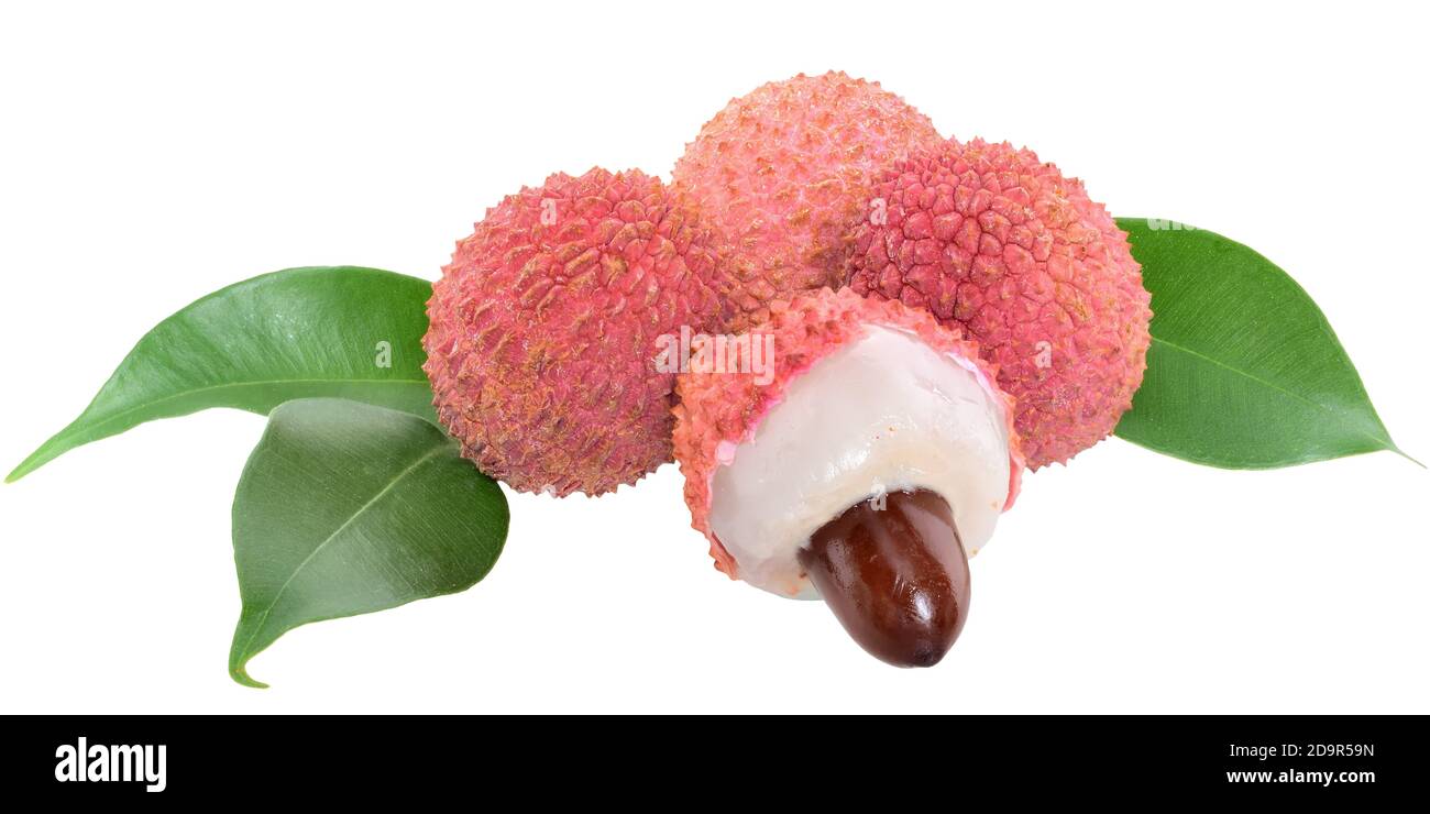 Fresh litchi exotic fruit with leaf isolated on a white background ...