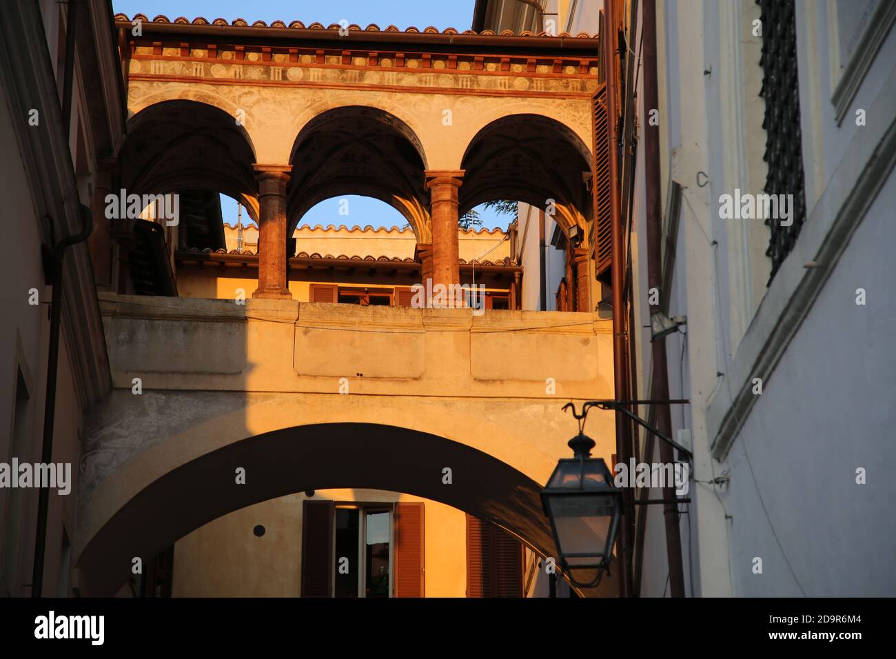 Colonnade connection between two medieval houses in the city of Spoleto ...